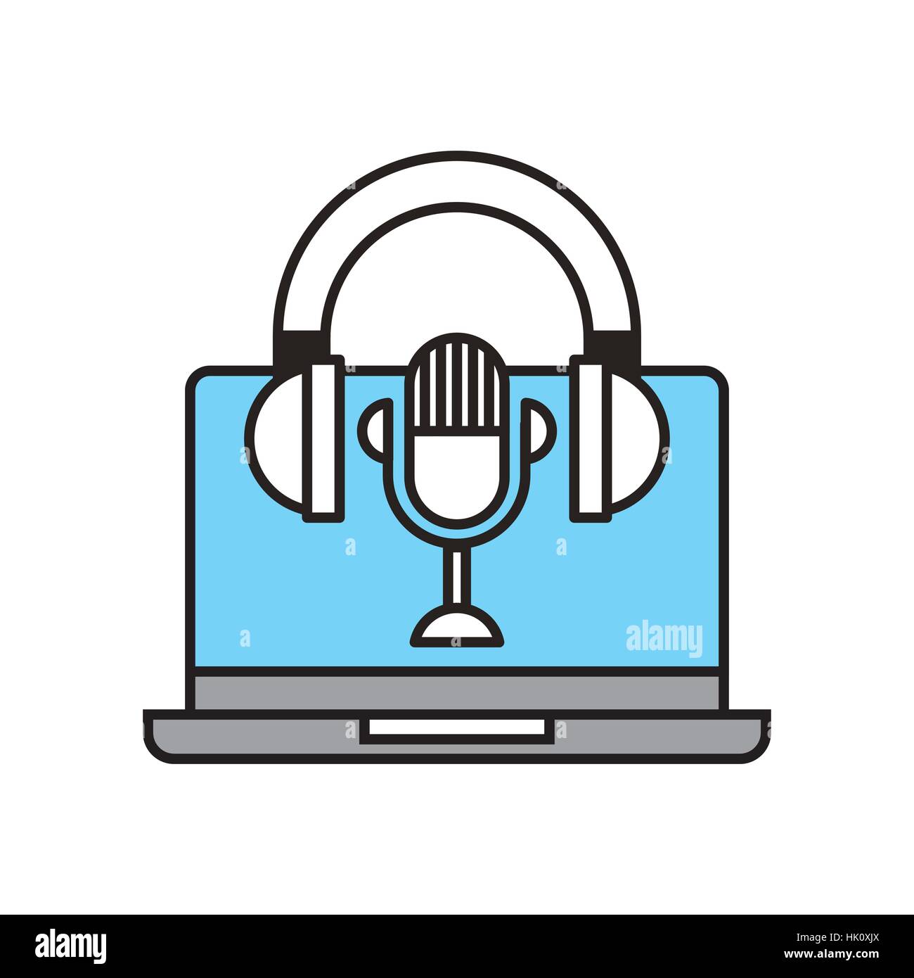 laptop computer with microphone and headphones over white background ...