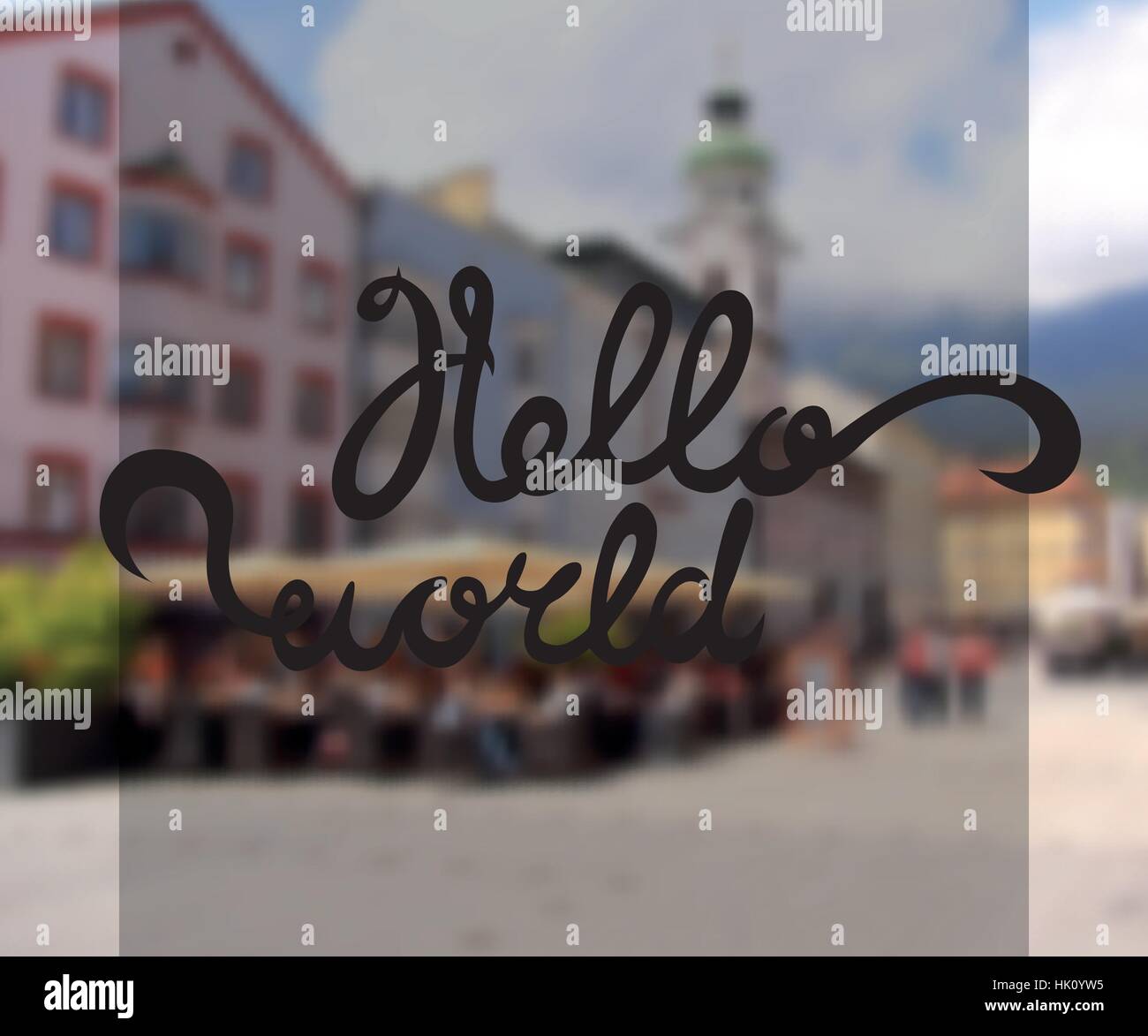 Hello world hand lettering design inscription on blur landscape ...