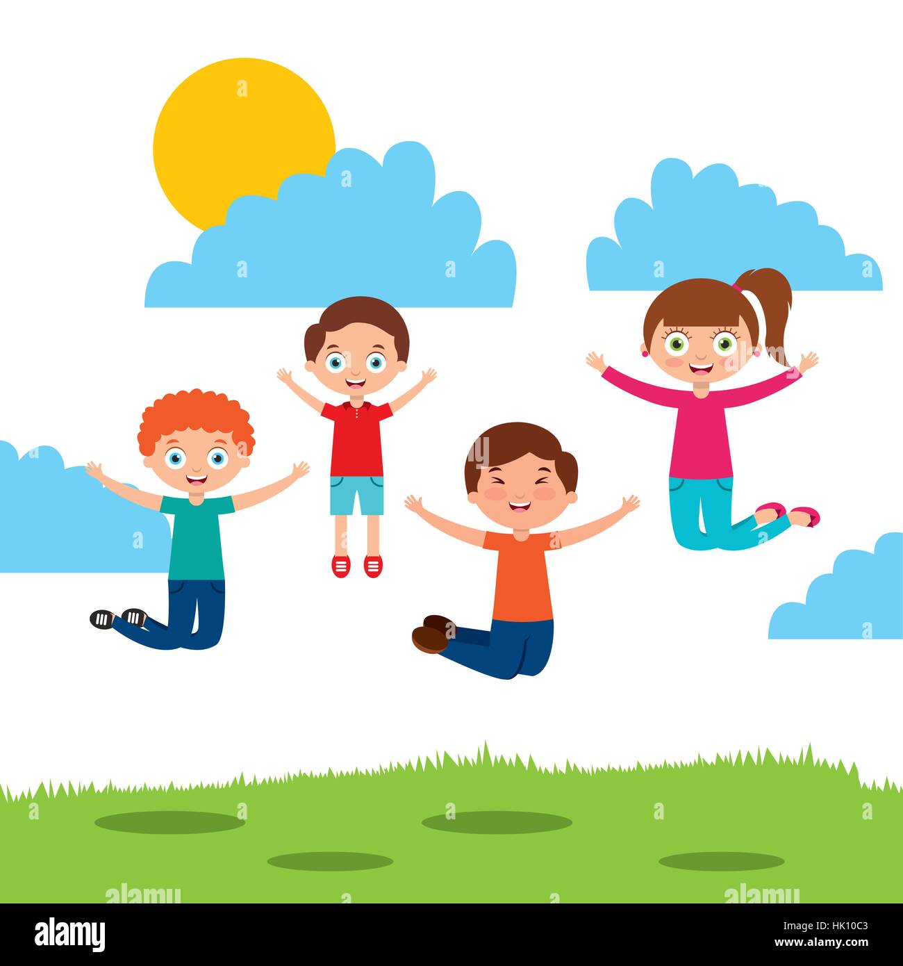 cute kids jumping over sunny day landscape. colorful design. vector ...