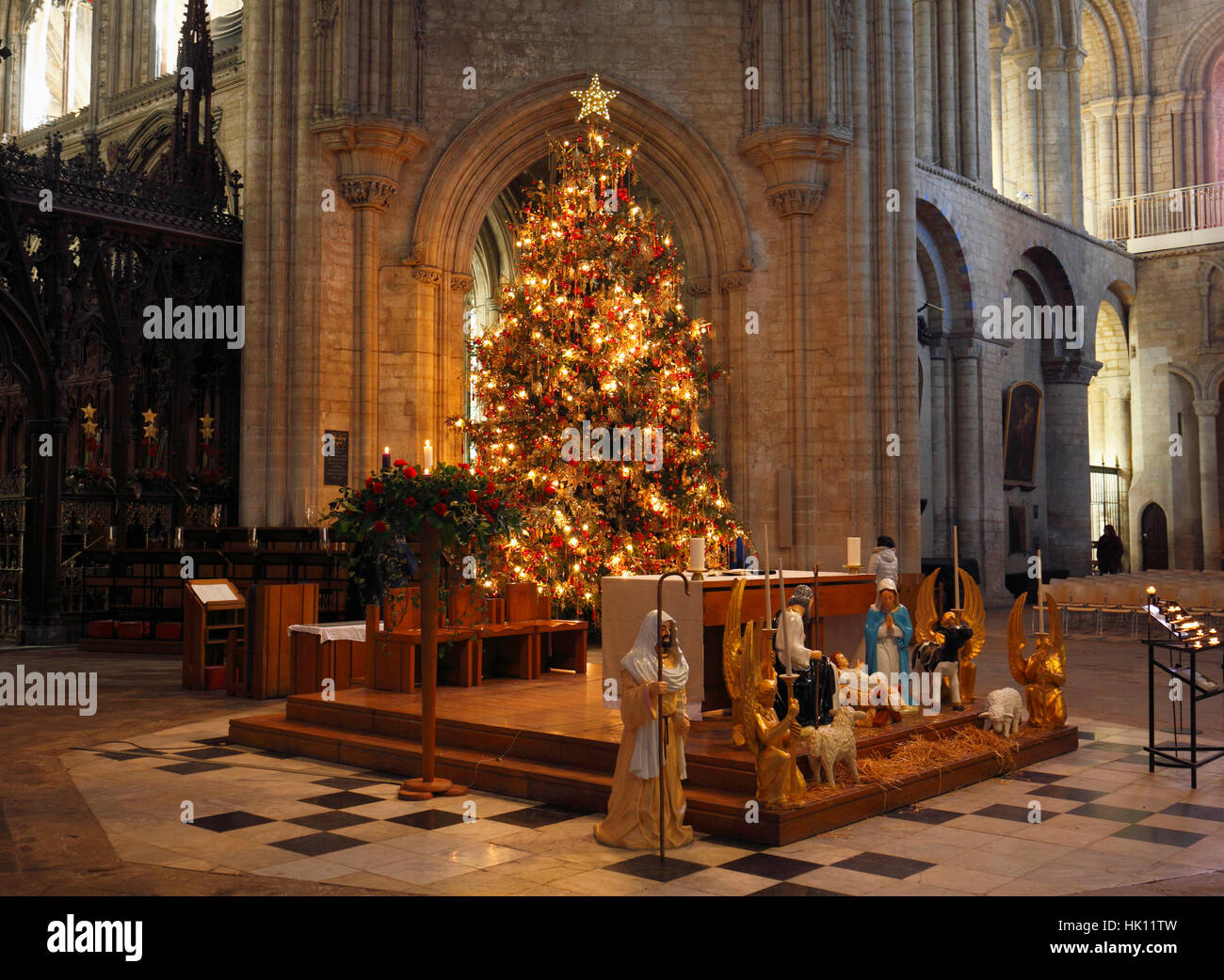 Nativity scene and Christmas tree seen in Ely Cathedral Stock Photo - Alamy