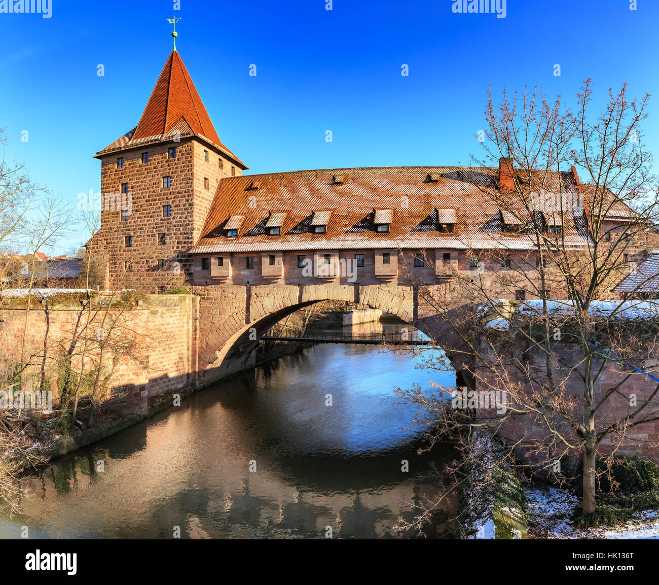 The riverside of Pegnitz river in Nuremberg town, Germany Stock Photo ...