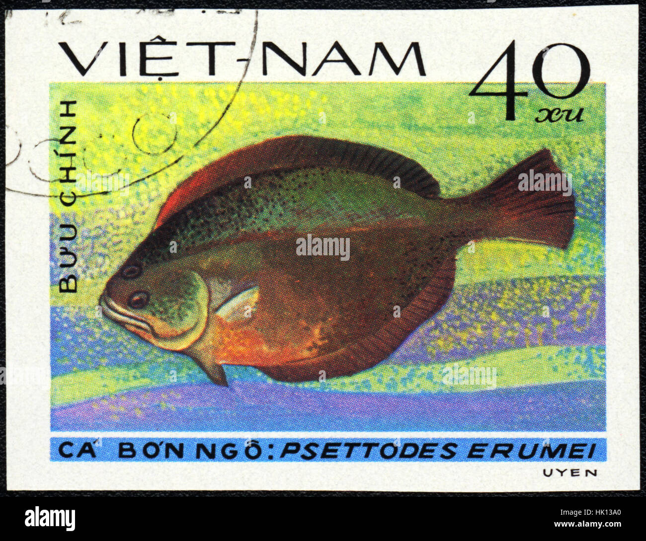 A postage stamp printed in VIETNAM shows a Fish Psettodes erumei ...