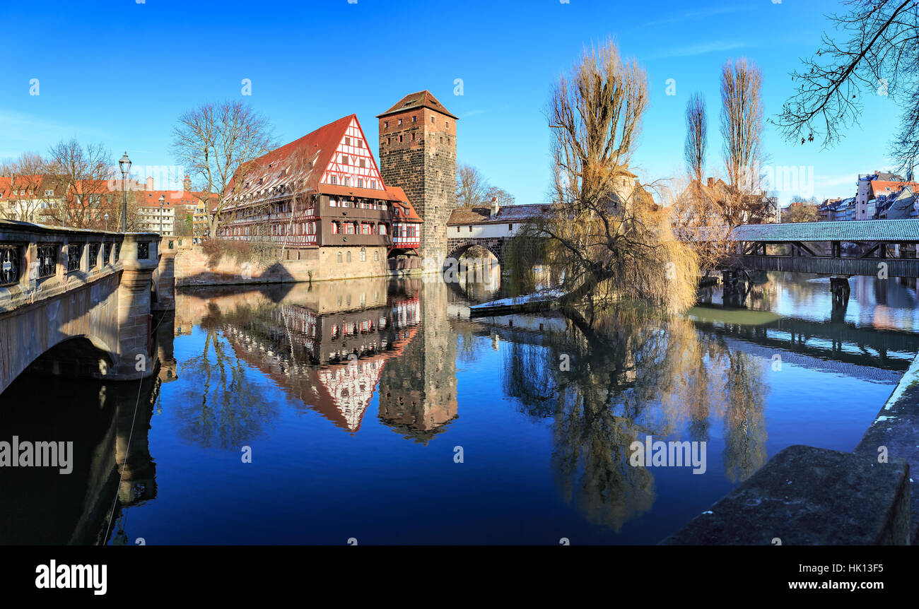 The riverside of Pegnitz river in Nuremberg town, Germany Stock Photo ...