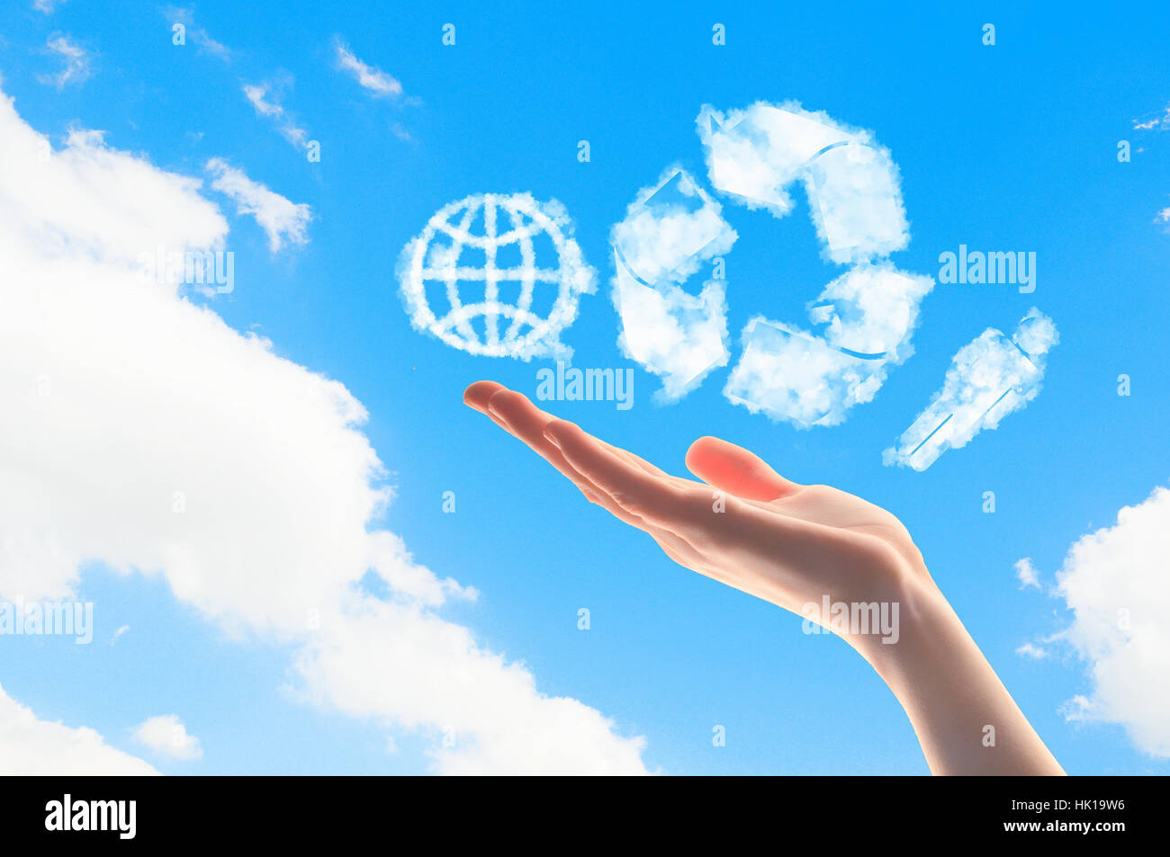 Close up of hand with ecology symbols recycling hi-res stock ...