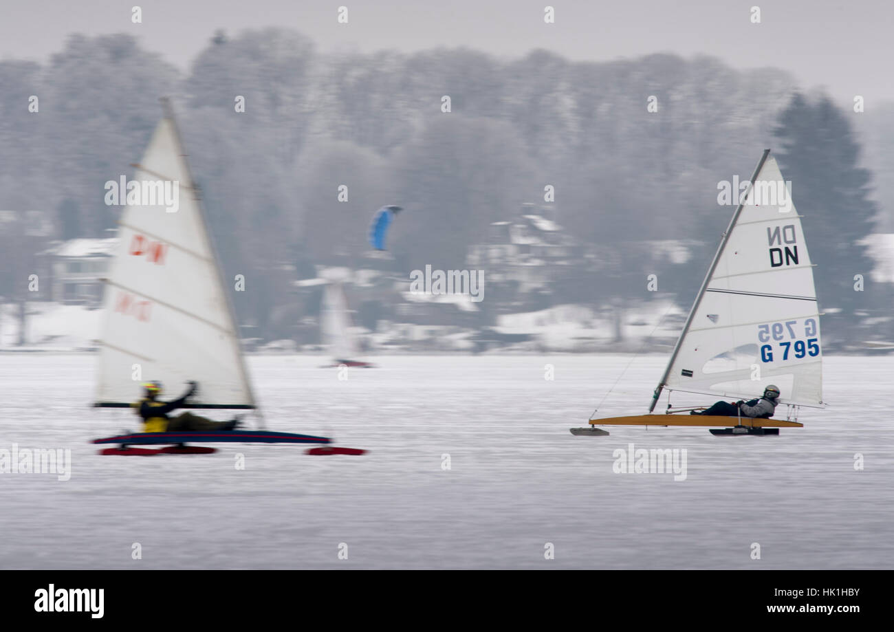 Steinebach, Germany. 25th Jan, 2017. Ice-yachters glide across the ...