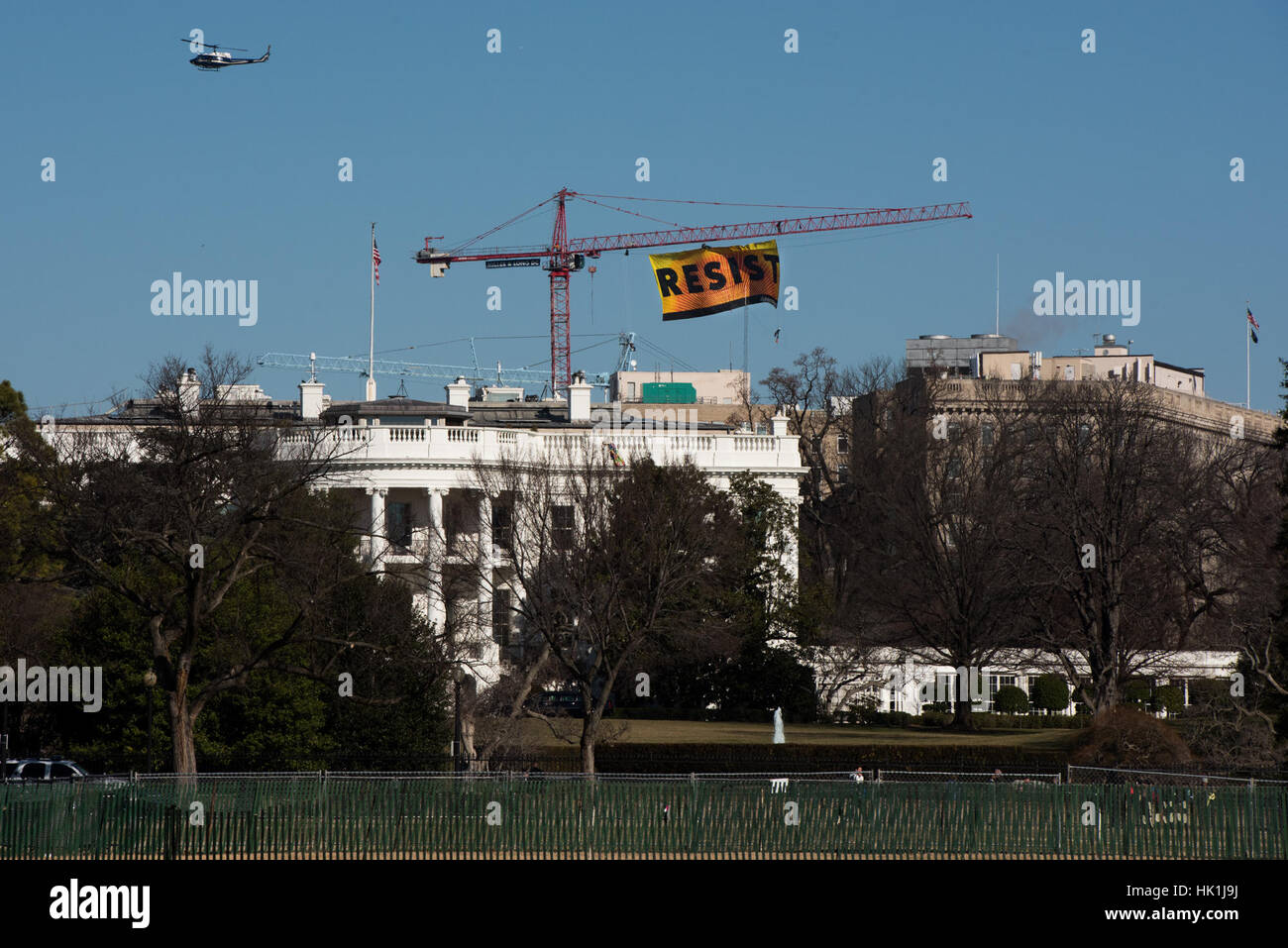 Washington, D.C, USA. 25th Jan, 2017. A Capitol Police helicopter flies ...