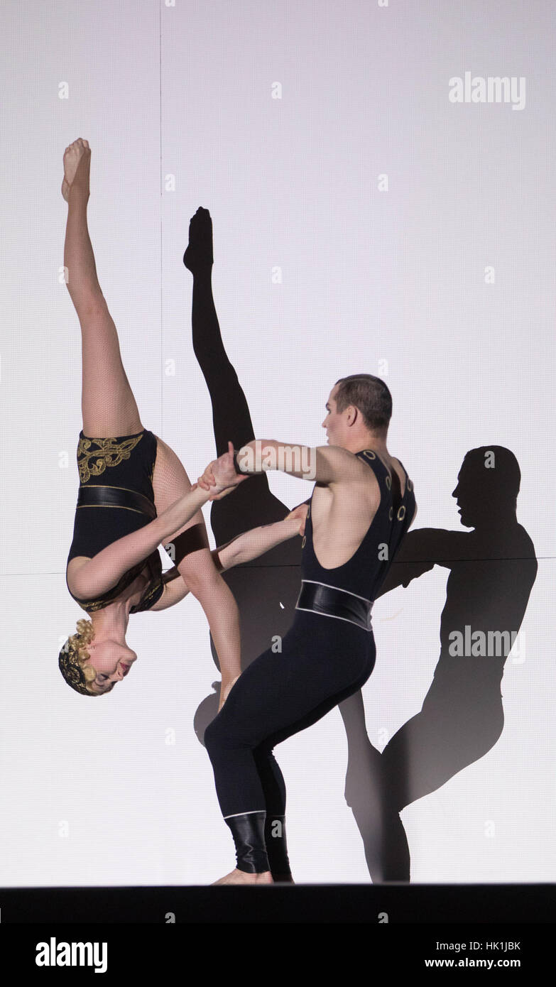 The actors Slava Volkov and Pauliina Raesaenen stand on stage during a ...