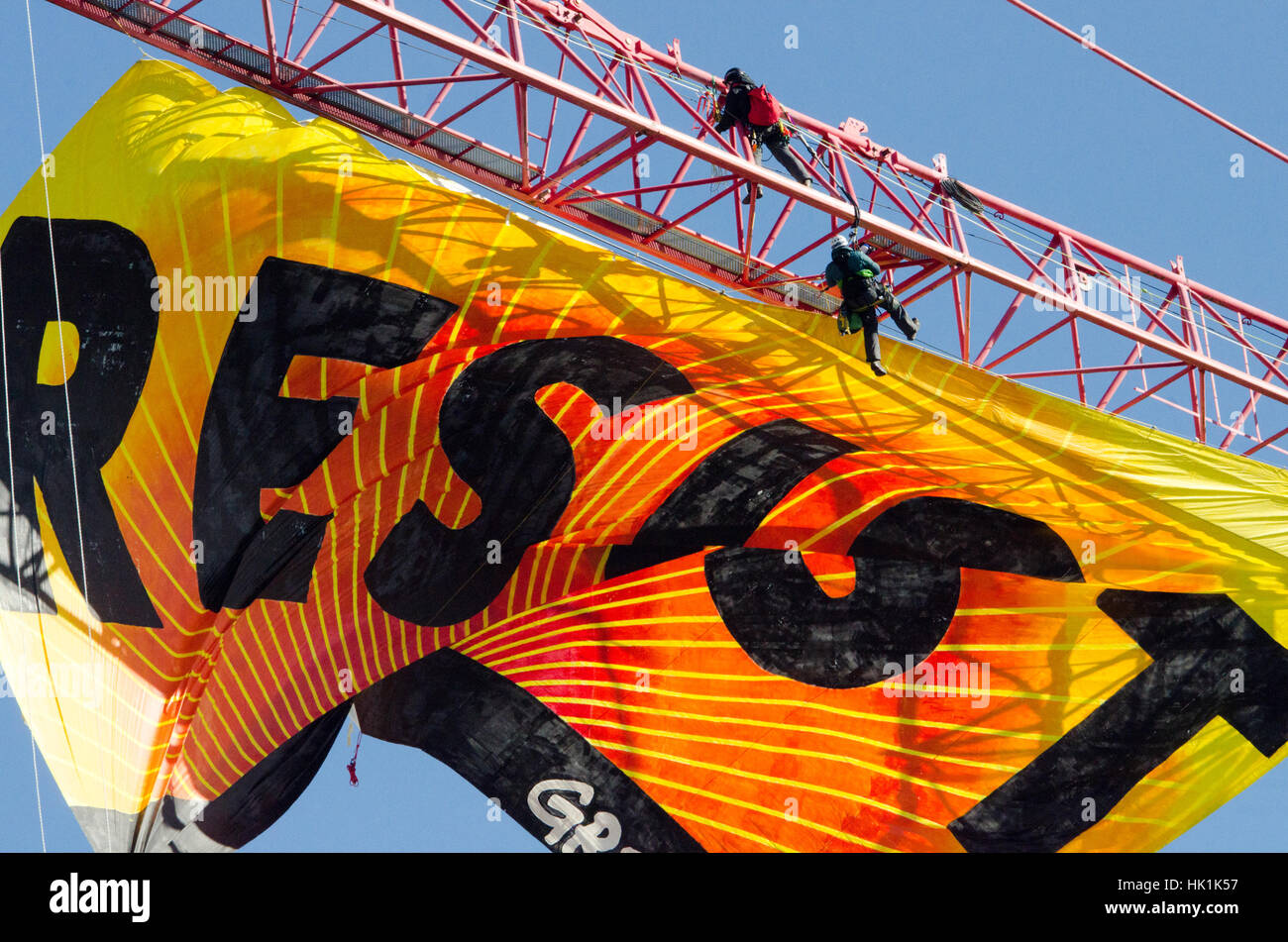 Washington, USA. 25th Jan, 2017. Close-up of Resist Banner with two ...