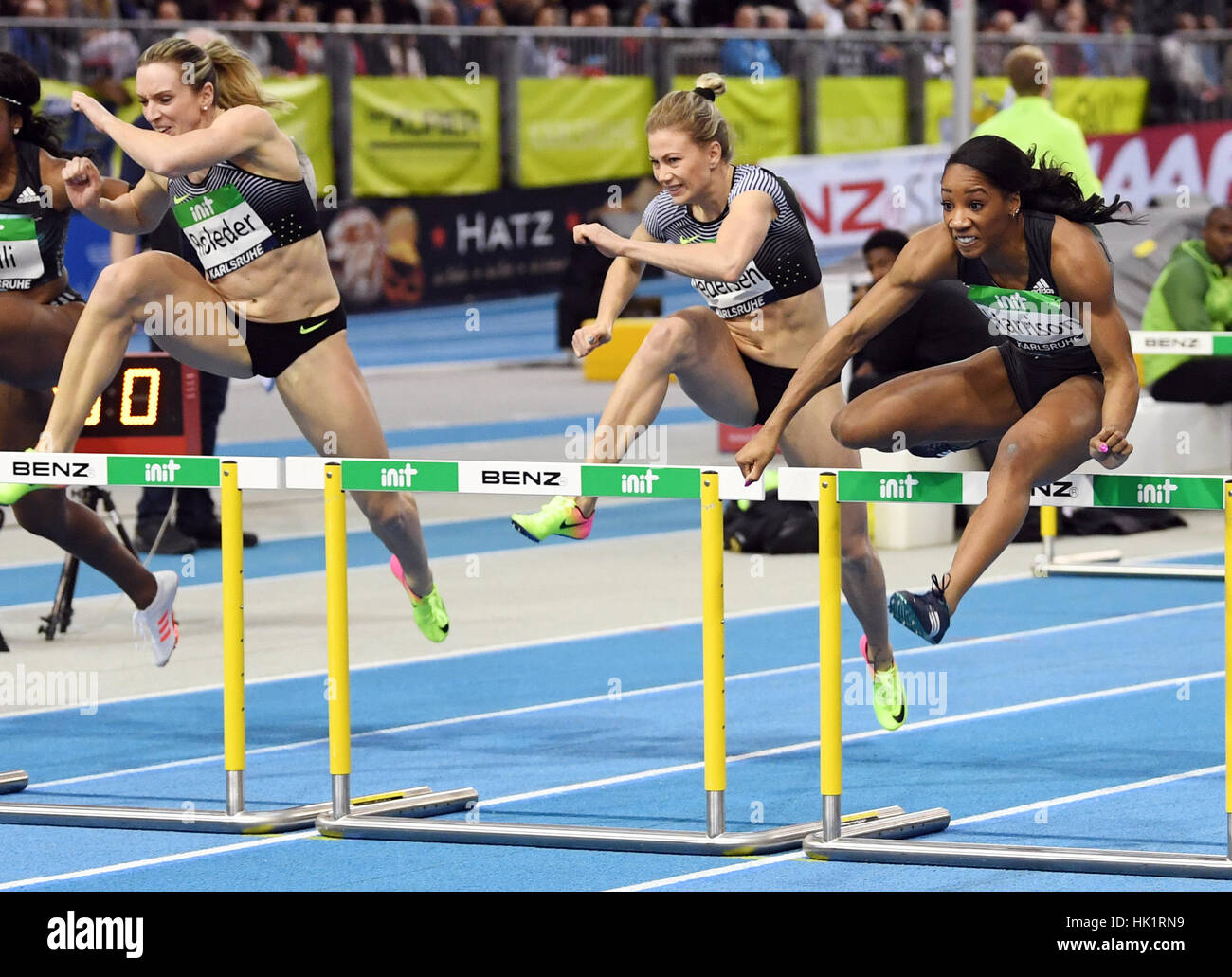 Karlsruhe, Germany. 04th Feb, 2017. Kendra Harrison (r, USA) won the 60 ...