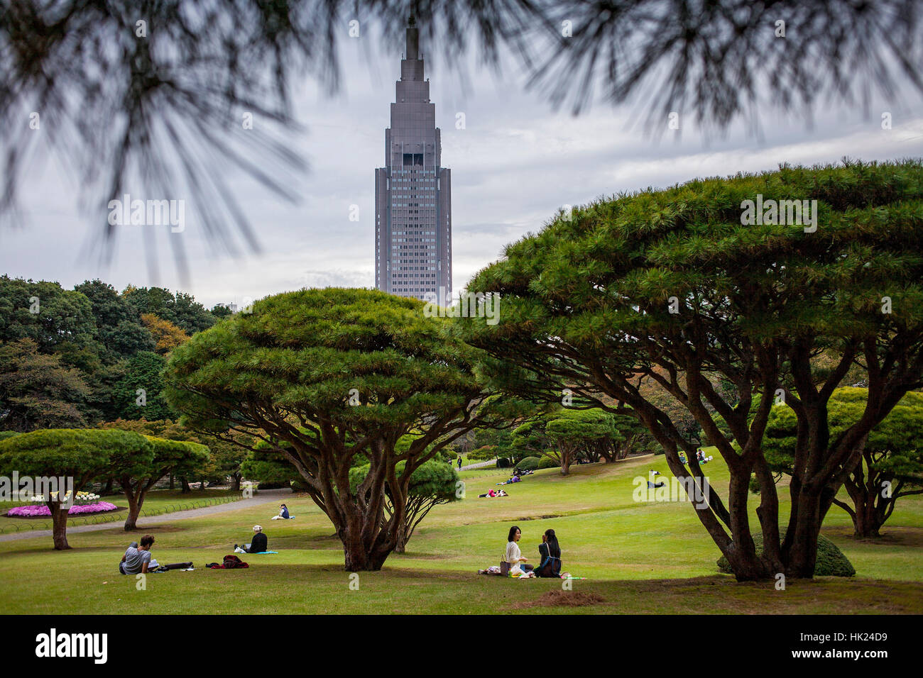 Townscape, NTT Docomo Yoyogi building, from Shinjuku Gyoen park, Tokyo ...