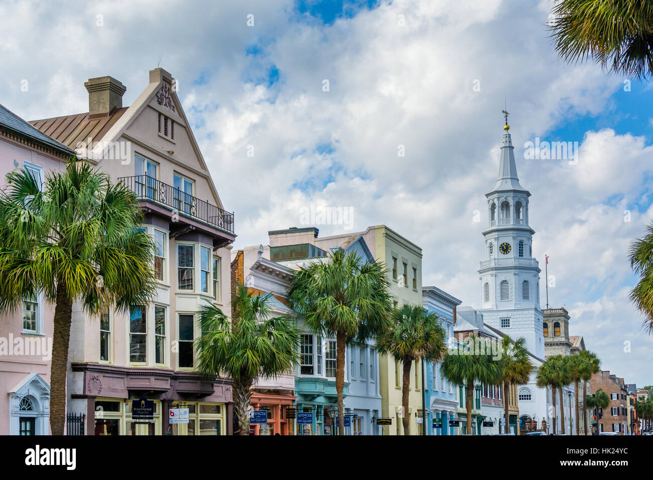 Buildings and palm trees along Broad Street, in Charleston, South ...