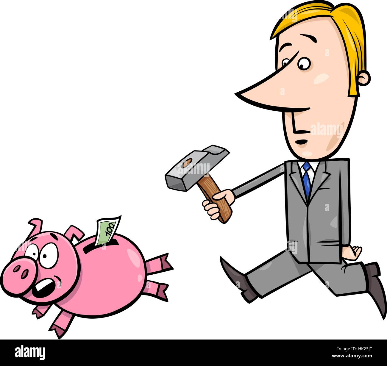 Concept Cartoon Illustration of Businessman with a Hammer Chasing Piggy ...