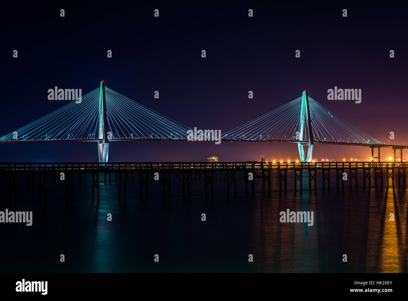 The Arthur Ravenel Bridge, over the Cooper River at night, in ...