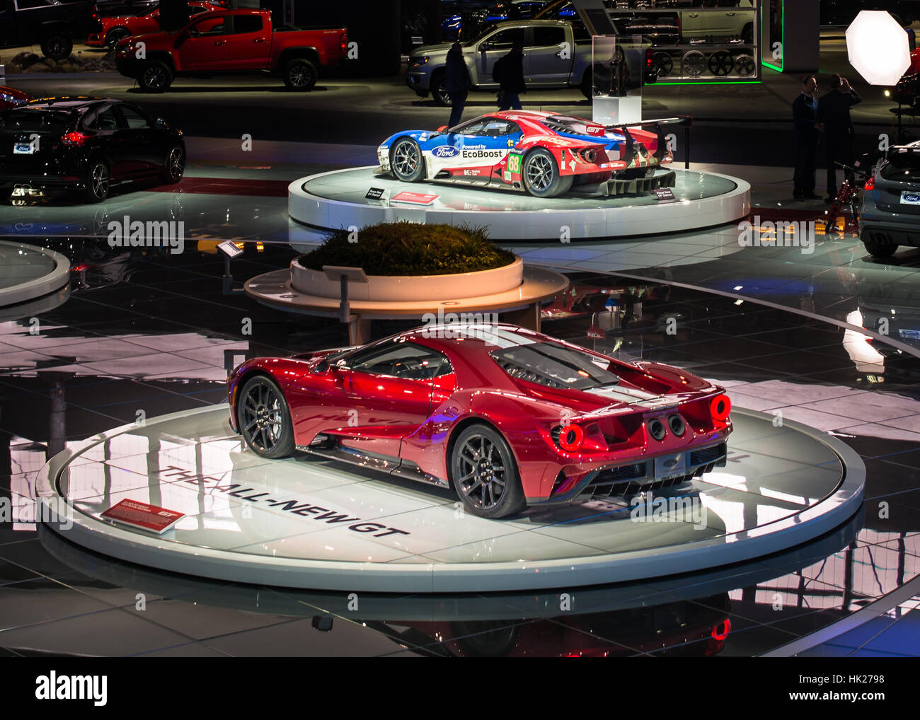 DETROIT, MI/USA - JANUARY 9, 2017: A 2017 Two Ford GT cars, production ...