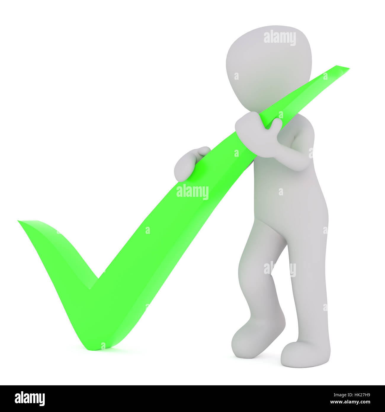 Faceless 3D man figure standing near big green check mark and holding ...