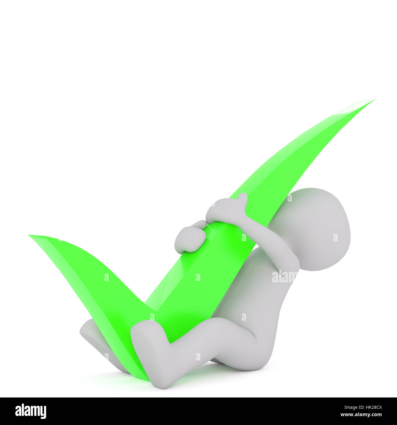 Figure of faceless grey 3D man holding on big green check mark sitting ...