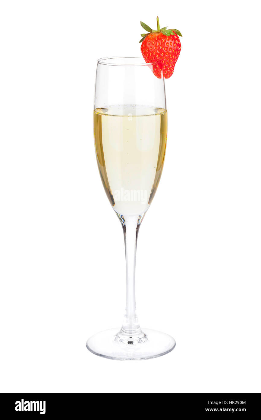 Champagne flute glass with strawberry. Isolated on white background ...