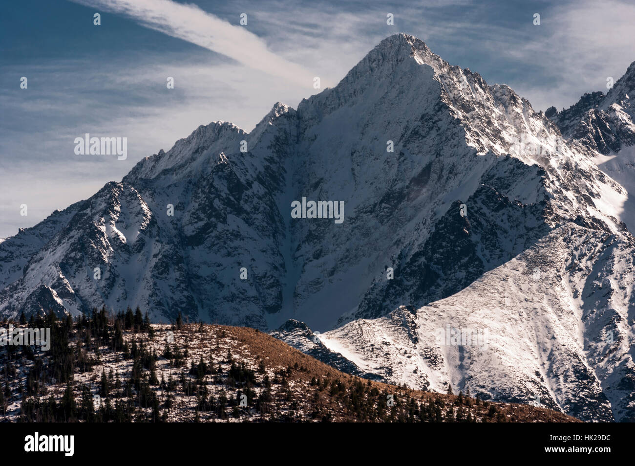 Beautiful winter scenery of the great snowy mountain peaks Stock Photo ...