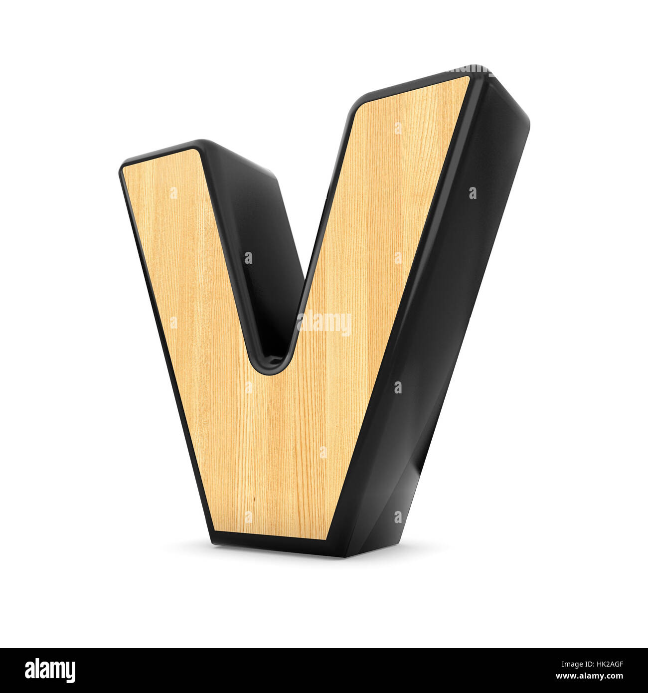 3d wood and black plastic material V letter isolated white background ...