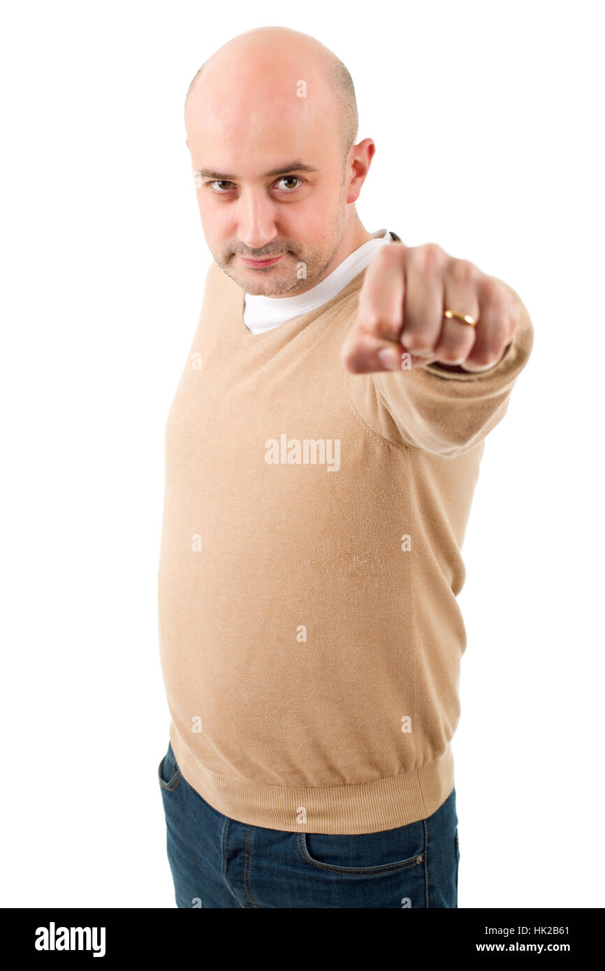 Casual man pointing up with his finger, isolated on white Stock Photo ...