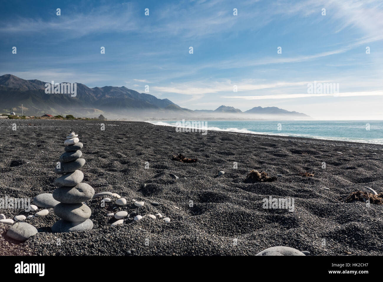 Pebble stack on beach at Kaikoura, South Island, New Zealand Stock ...