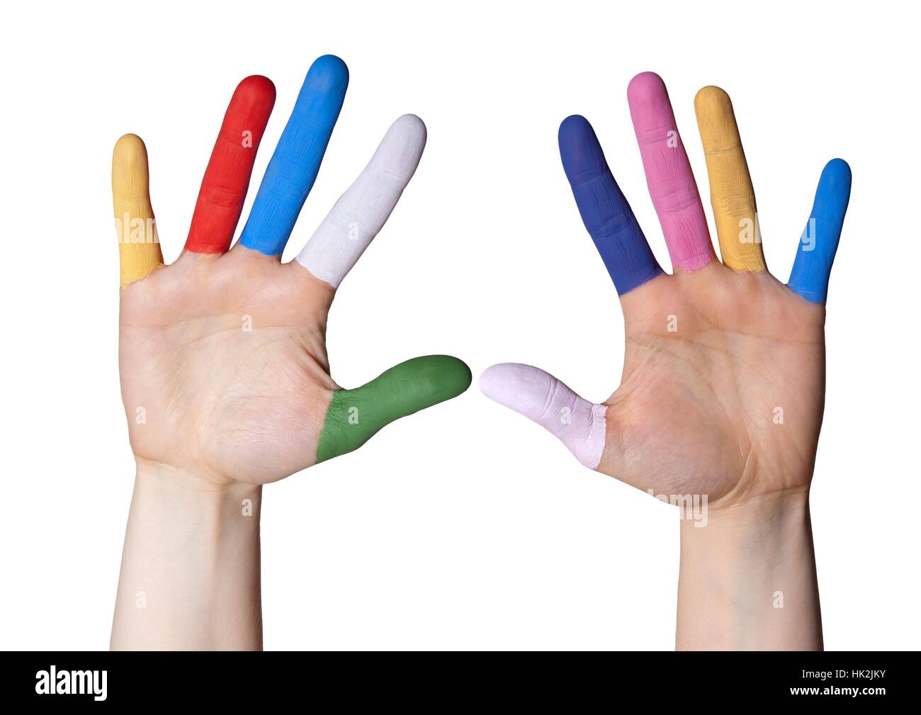 two hands with colorful painted fingers, isolated Stock Photo - Alamy