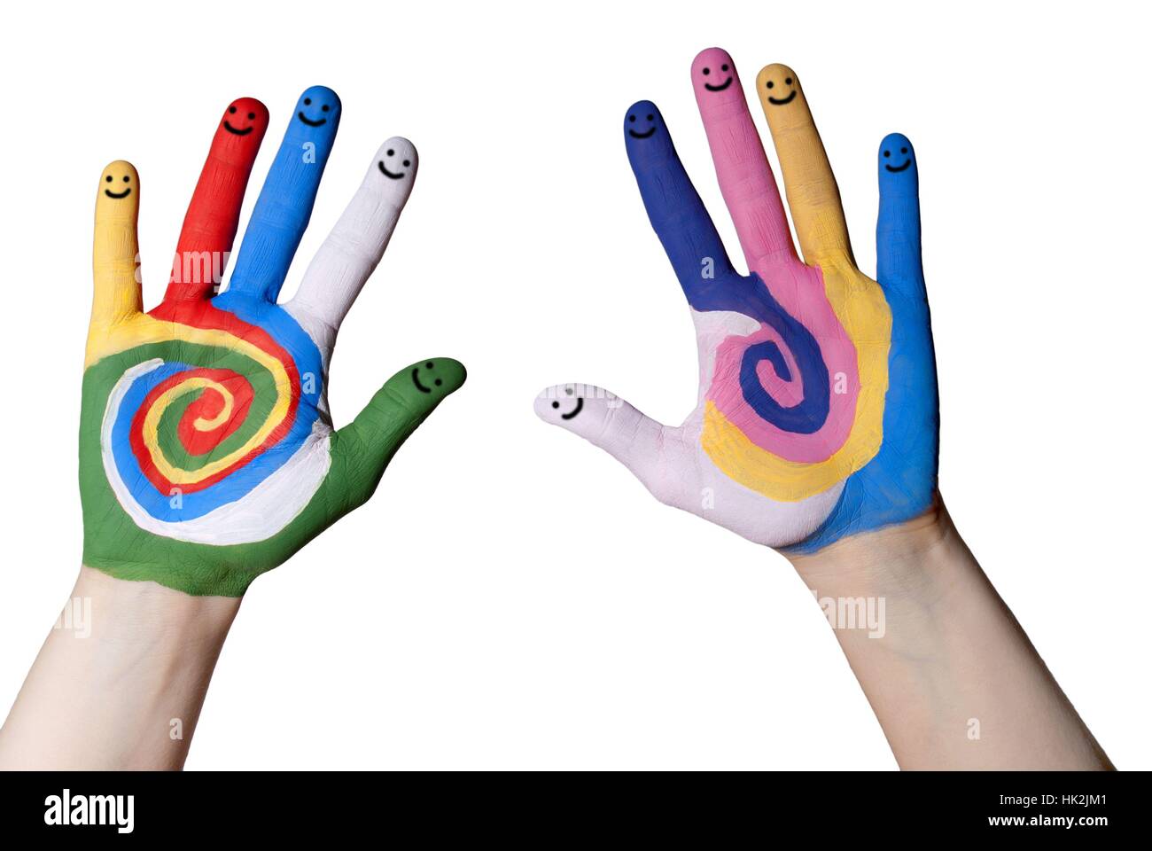 two colorful painted hands with smiling fingers, isolated Stock Photo ...