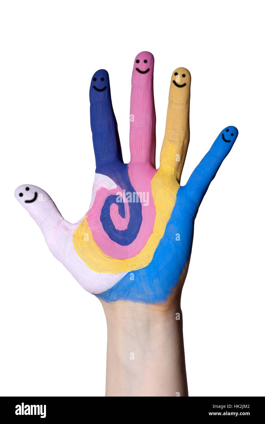 a colorful painted hand with smiling fingers, isolated Stock Photo - Alamy