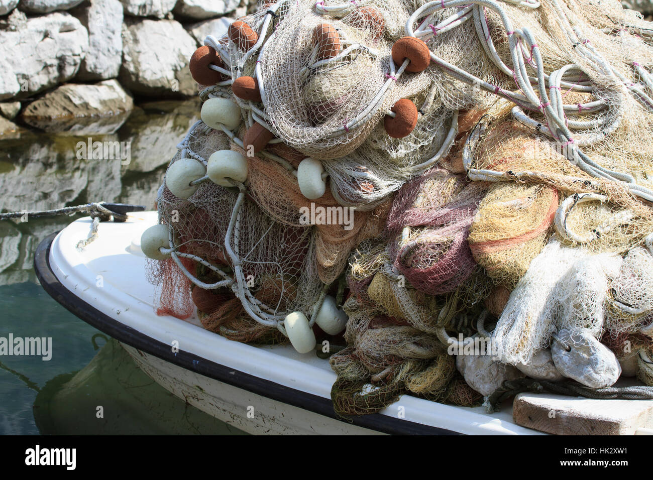 fishing net in a boat close up horizontal Stock Photo - Alamy