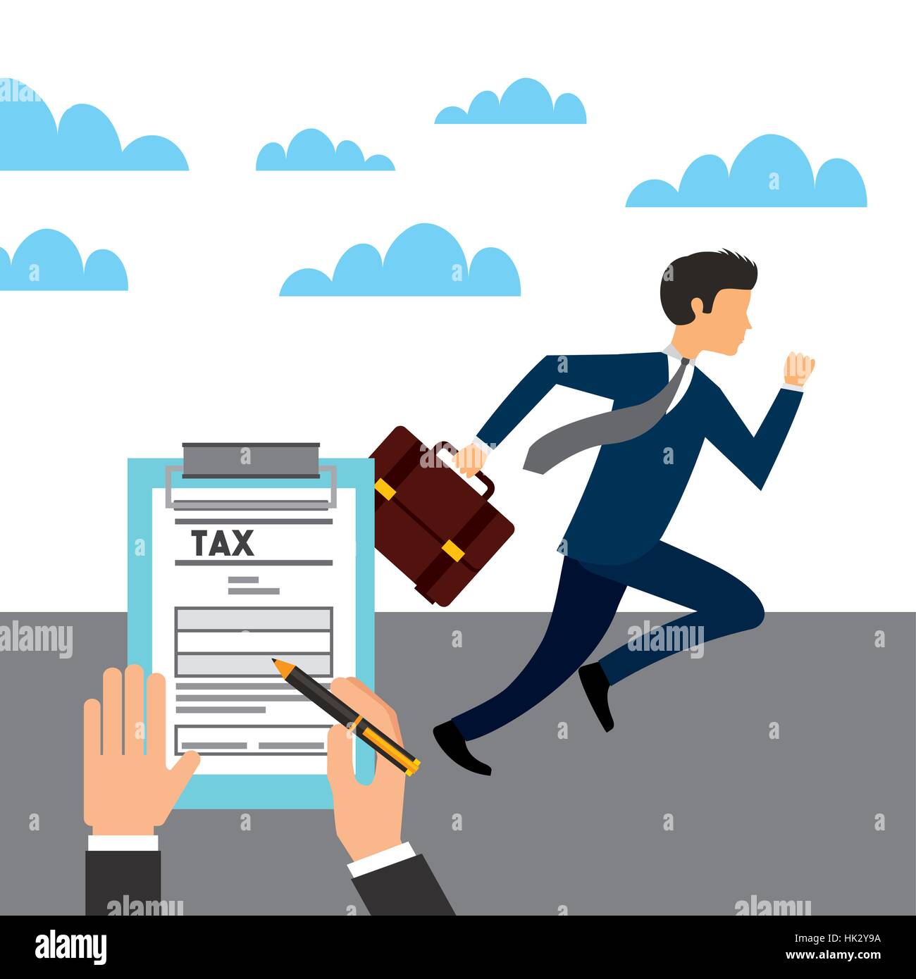 hand with tax document and businessman running. business and tax ...