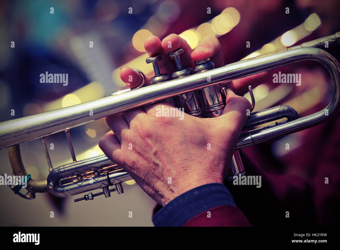 trumpet player during an outdoor exhibition of a brass band Stock Photo ...