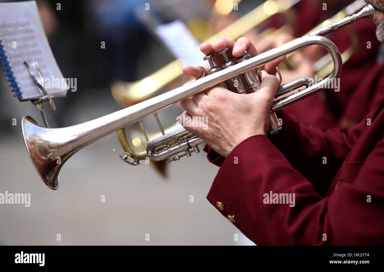 trumpeter plays his trumpet in the band during live concert Stock Photo ...