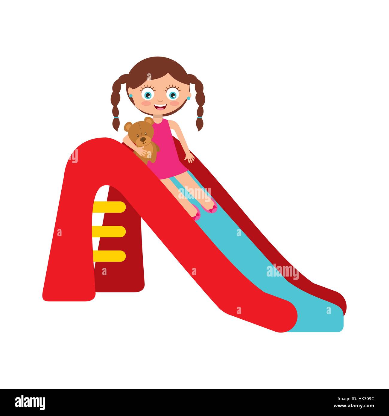 cartoon happy girl playing on the slide over white background. colorful ...