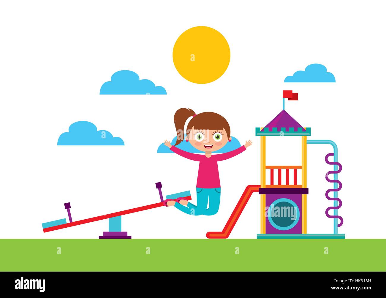 cartoon happy girl playing on the playground games. colorful design ...