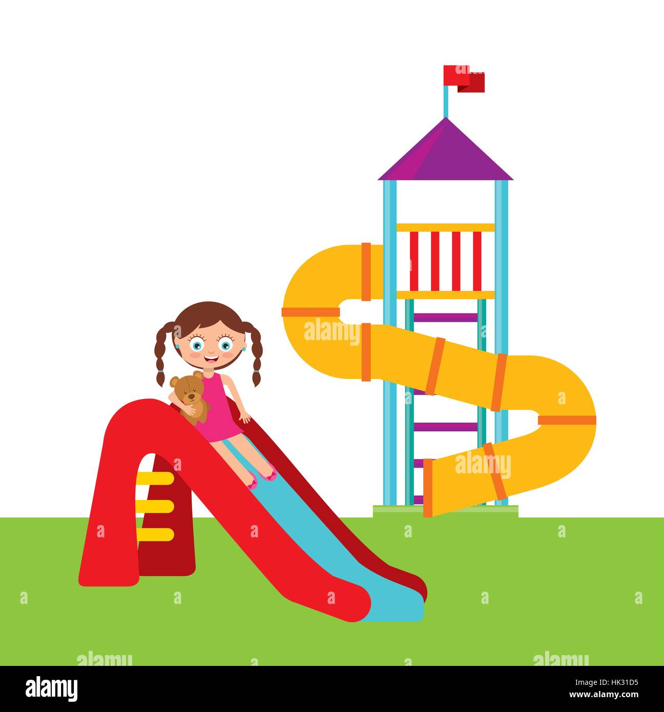 cartoon happy girl playing on the playground games. colorful design ...