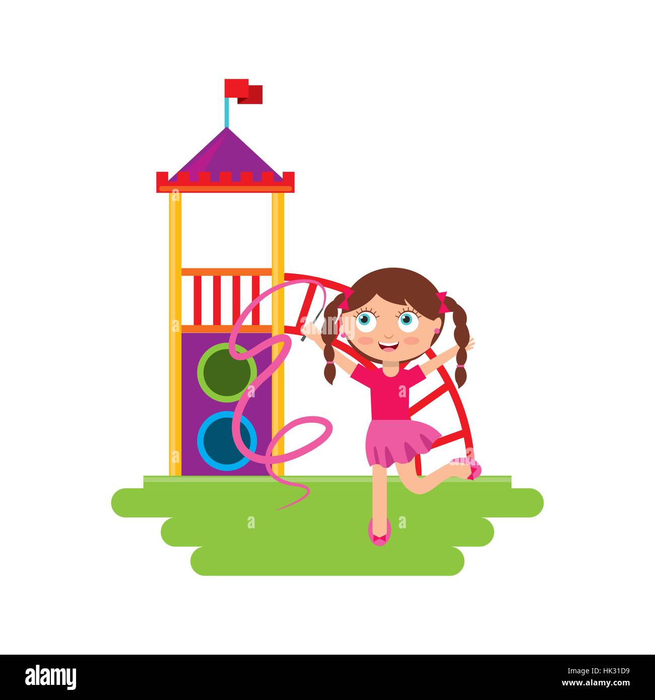cartoon happy girl playing on the playground games. colorful design ...