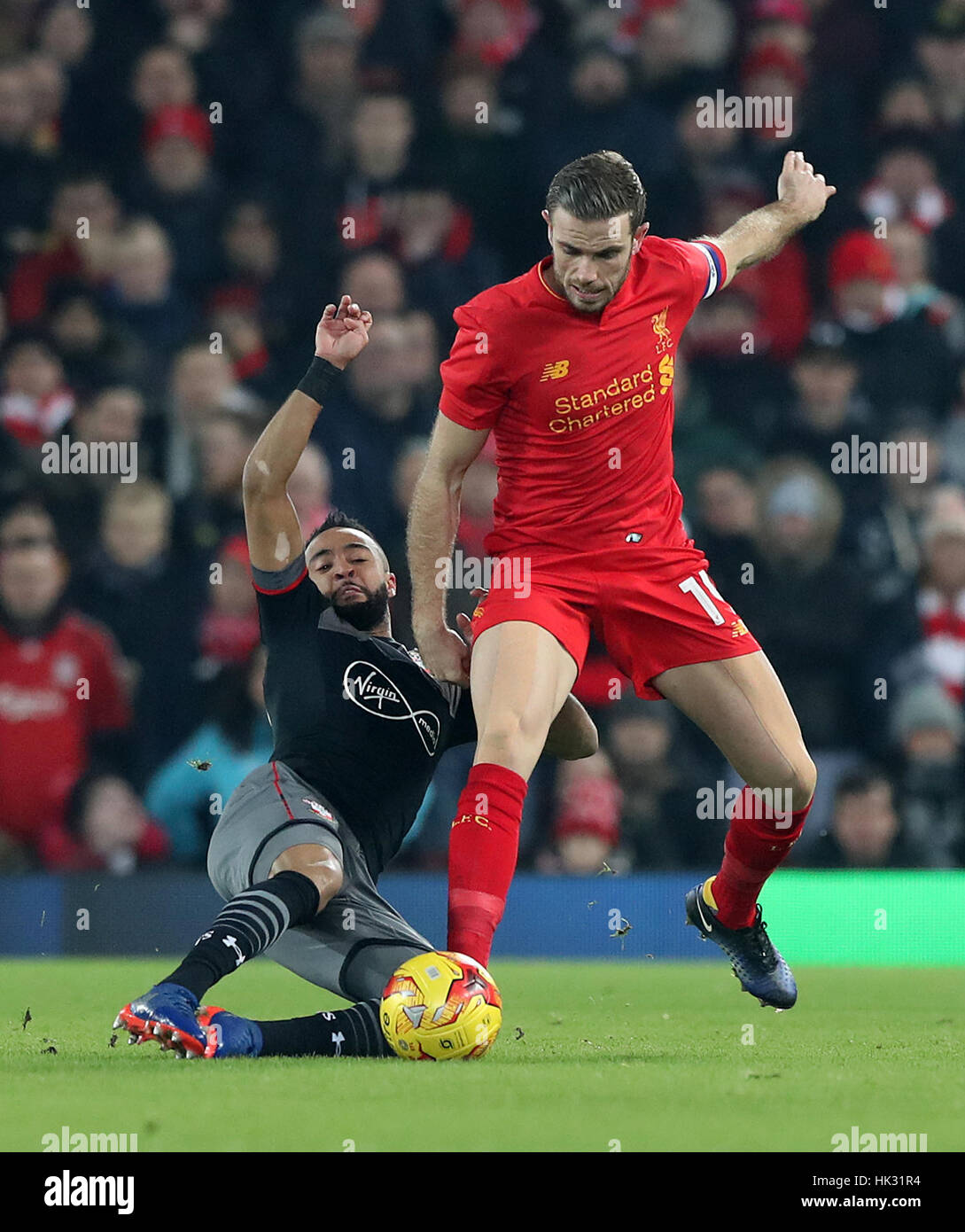 Southampton's Nathan Redmond (left) and Liverpool's Jordan Henderson ...
