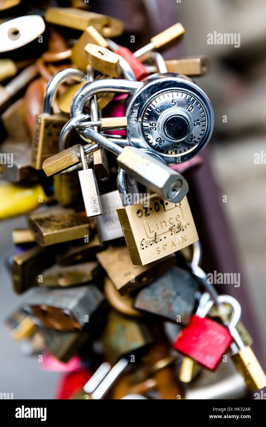 A variety of padlocks (Lovelocks) attached to a railing, Florence ...