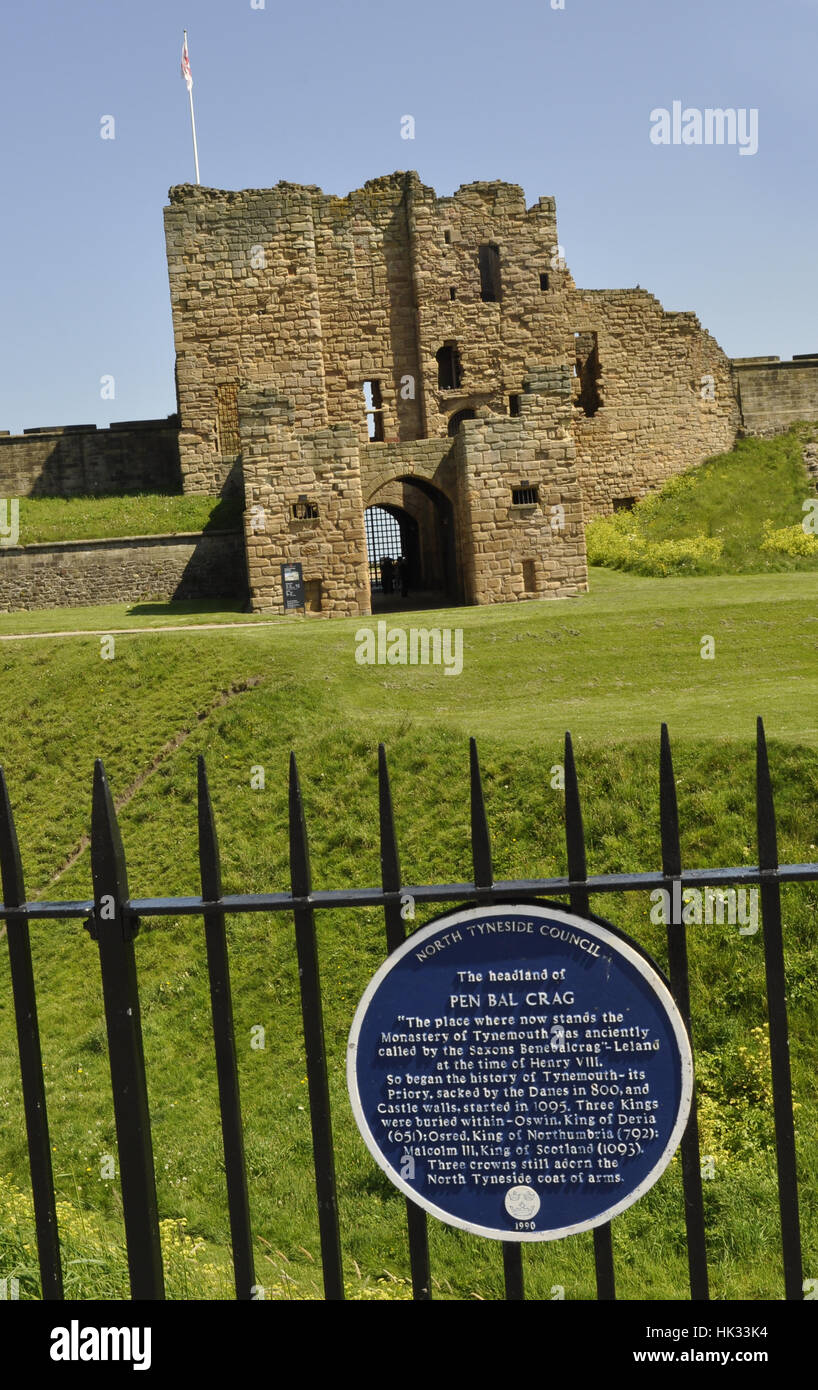 Tynemouth castle ruin with blue plaque Stock Photo - Alamy