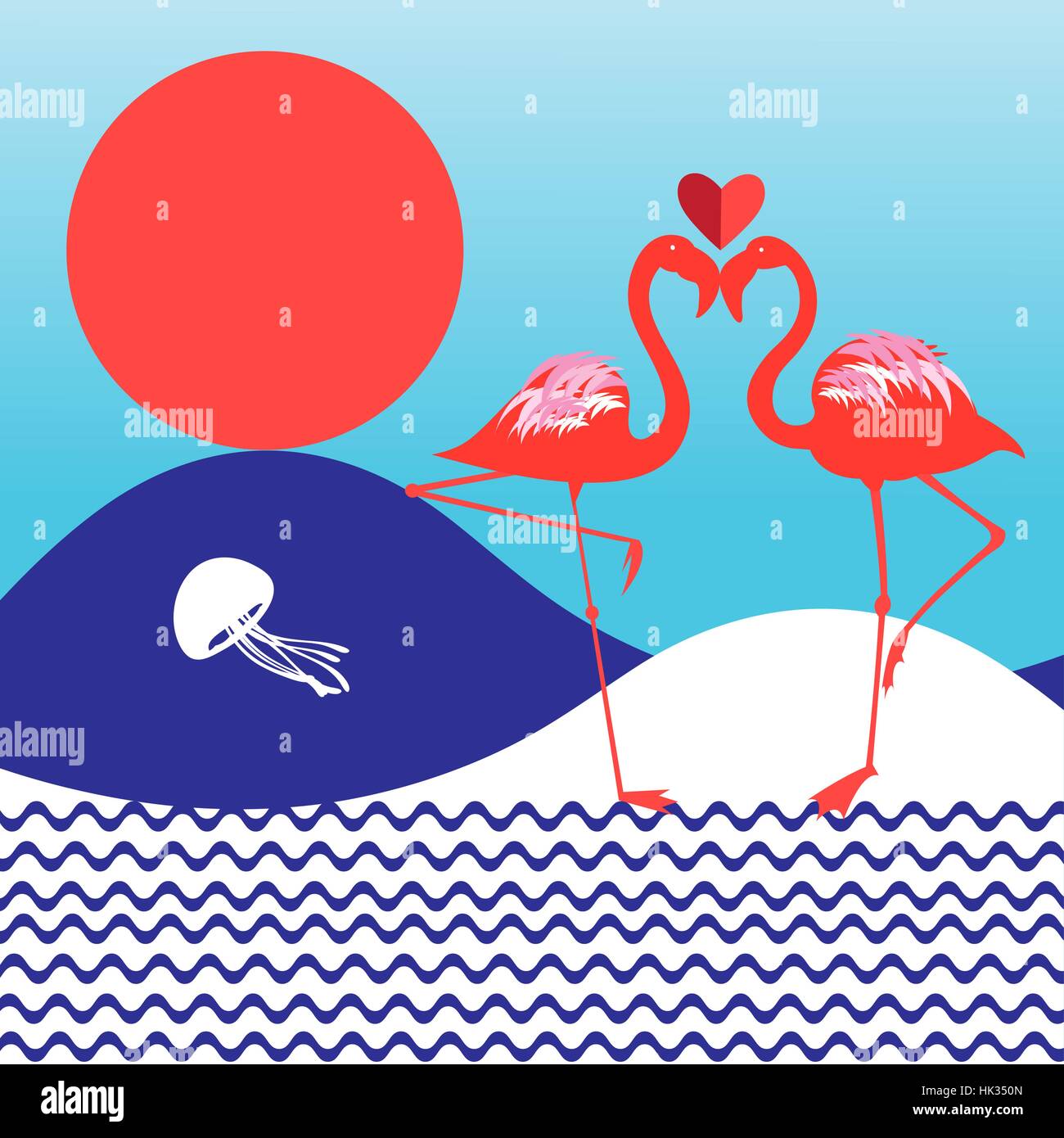 Bright background with the sun and love with flamingos Stock Vector ...