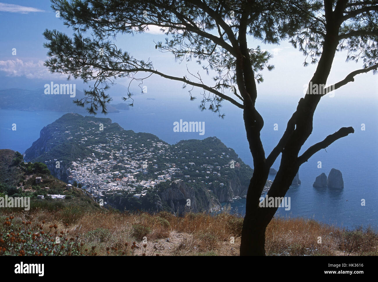 Mountain village and surrounding sea and mainland seen from high ...