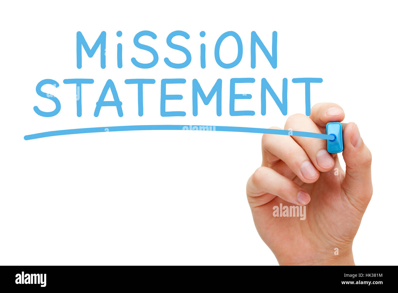 Hand writing Mission Statement with blue marker on transparent glass ...