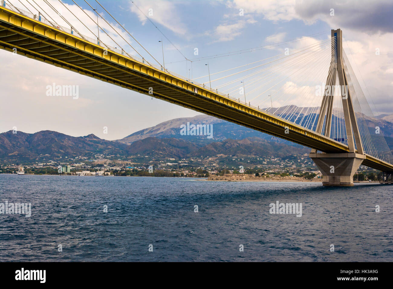 Cable-stayed suspension bridge crossing Corinth Gulf strait, Greece. It ...