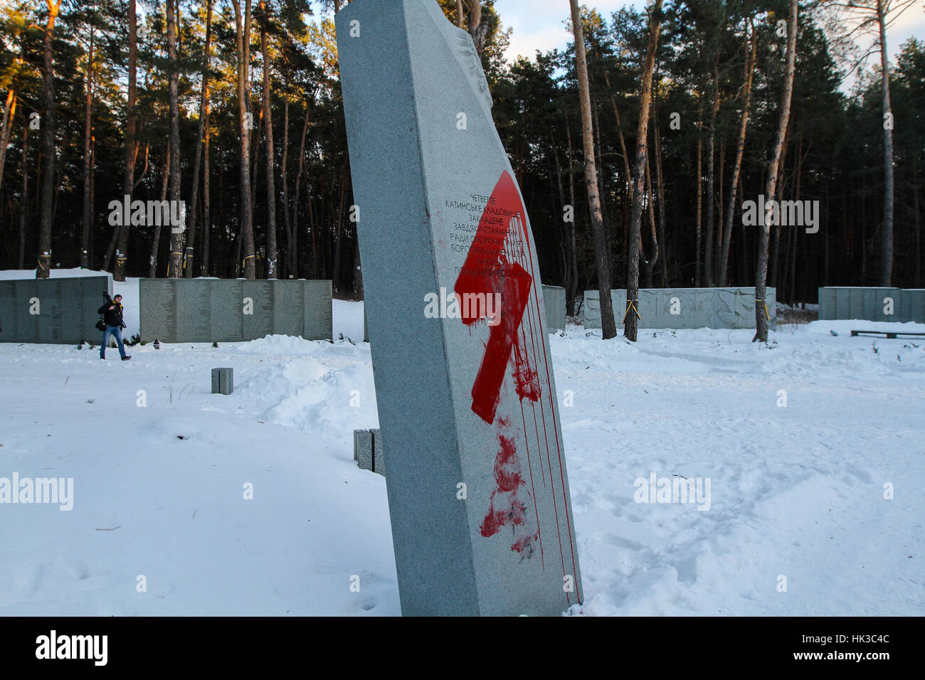 Kyiv, Ukraine. 25th Jan, 2017. Vandals wrote in red ink inscriptions ...