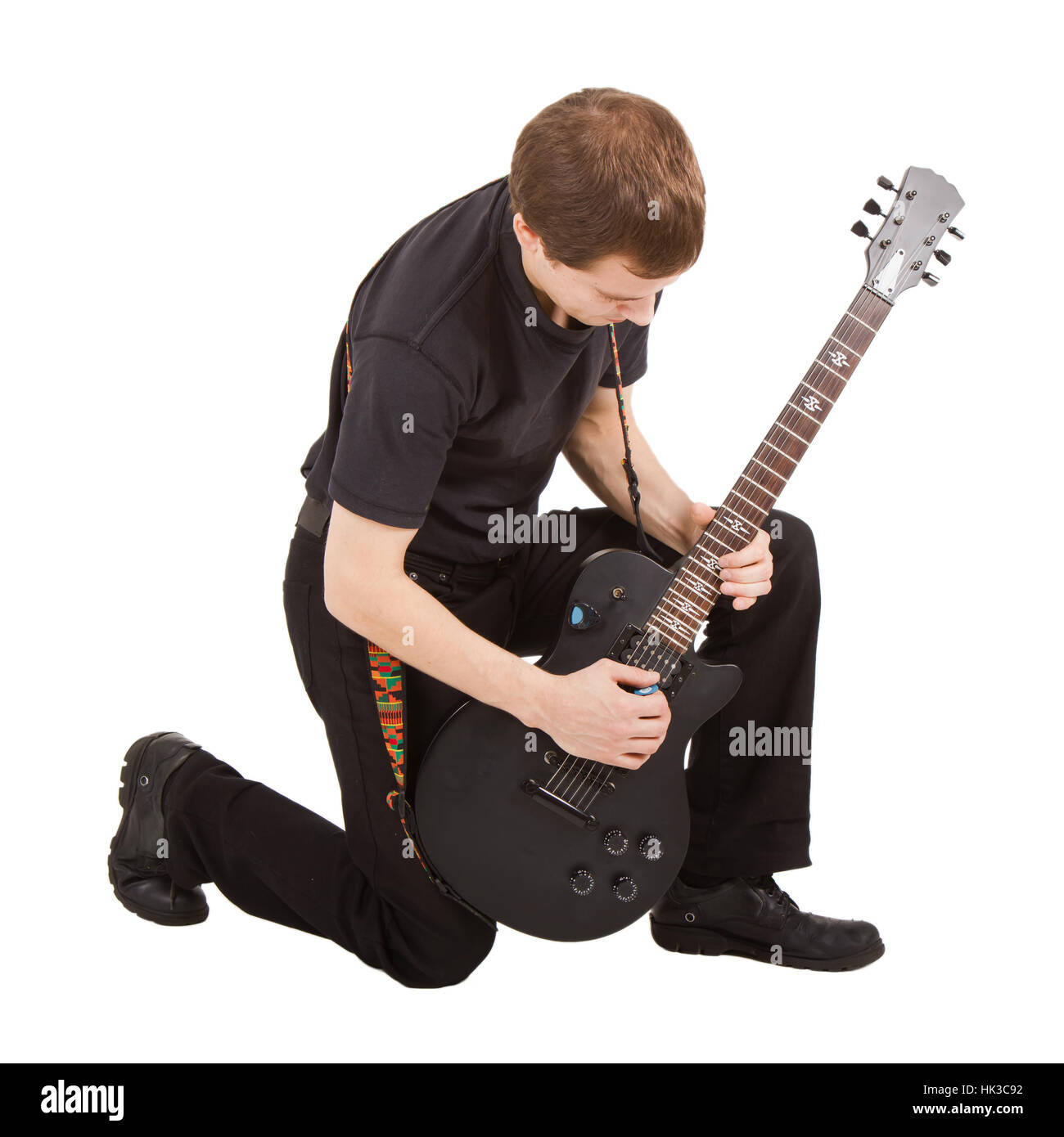 rock singer with electric guitar on white background Stock Photo - Alamy