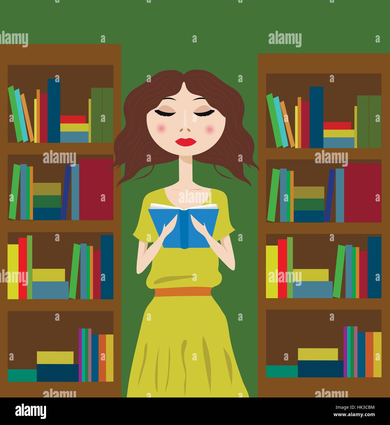Girl in the library or bookstore reading a book Stock Vector Image ...