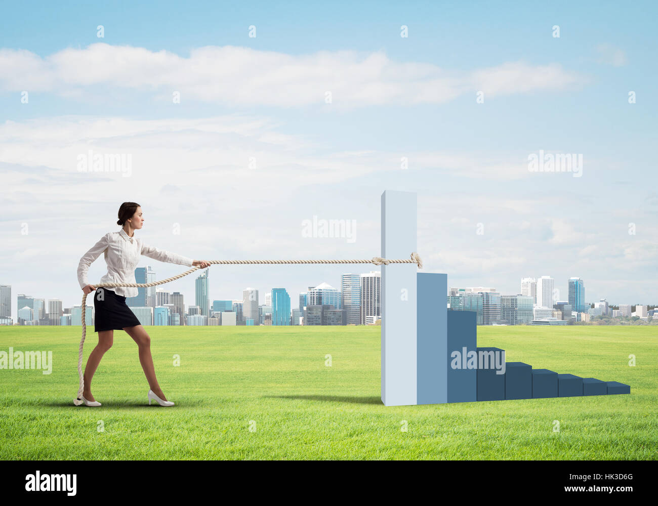 Businesswoman pulling arrow with rope and making it raise up Stock ...