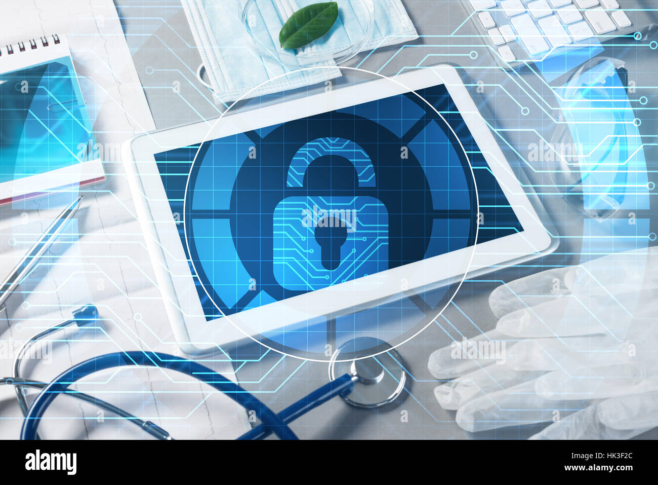 Top view of doctor workplace with tablet pc and medicine tools on ...