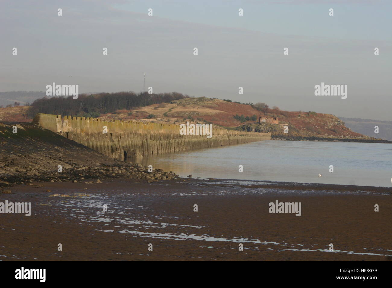 Defense boom, Cramond Island causeway in the Firth of Forth, eastern ...