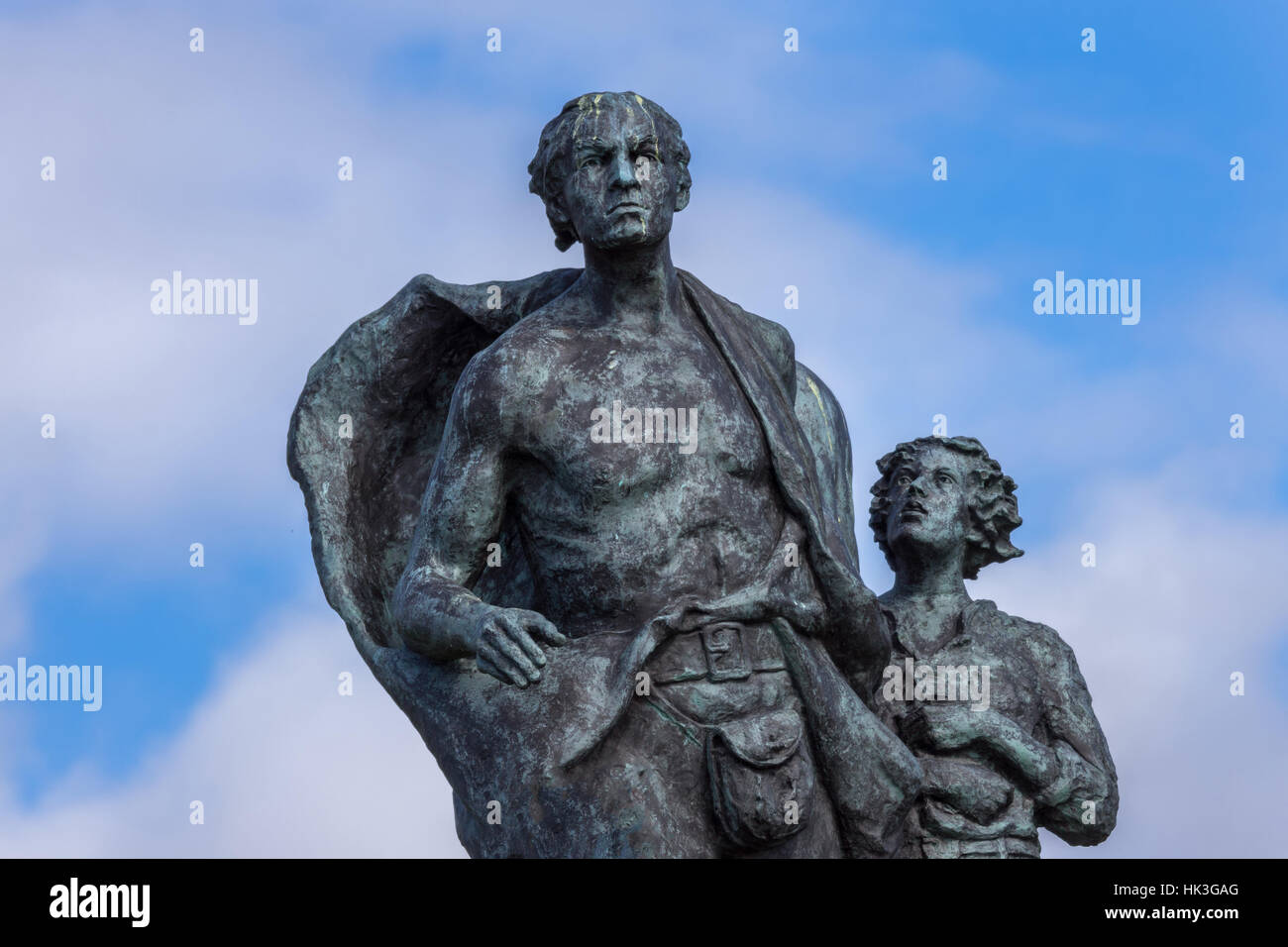 Upper body of man and boy at Emigrant Statue, Helmsdale, Scotland Stock ...